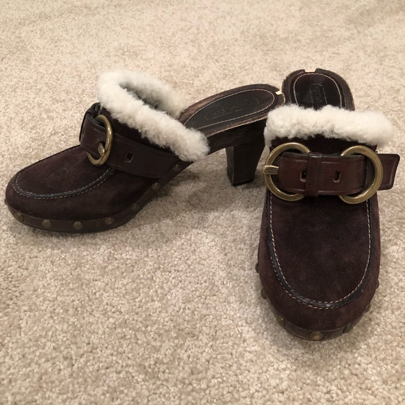 Coach | Shoes | Coach Suede And Fur Double Buckle Clogs | Poshmark